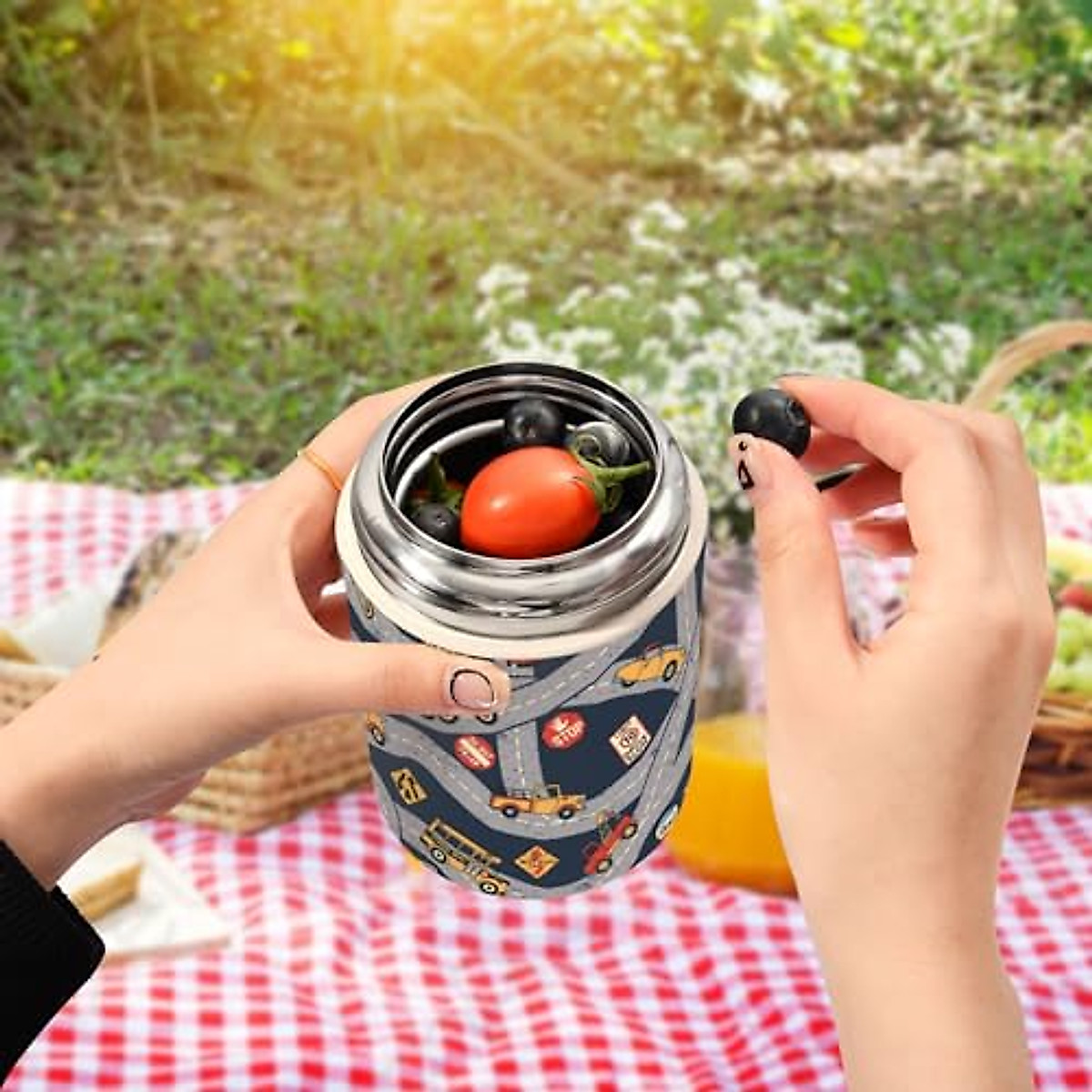JUNZAN Cute Car Truck Road Traffic Kids Womens Insulated Food Jar with Spoon 17oz/500ml Steel Food Jar Stainless Steel Vacuum Keep Warm Food Container for Keep Food Hot