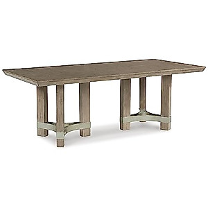 Benjara 84 Inch Rectangular Gray Dining Table, Pedestal Base, Metal Stretchers