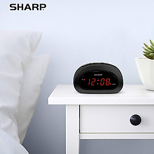 SHARP Small Digital Alarm Clock with Snooze and Battery Backup, Easy to Use Top Button Controls for Simple Use, Black Case with Red Easy to Read LED Display