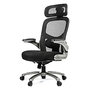 OFFICE FACTOR 500 Lbs Rated Ergonomic Big and Tall Office Chair Flip-Up arms, Mesh Office Chair, Swivel Office Chair with Anti Scratch Wheels, Mesh Executive Chair (Black with Headrest)