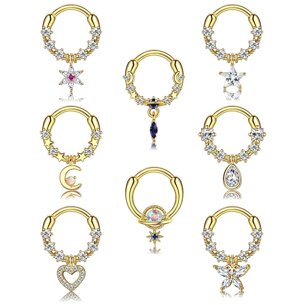 LOYALLOOK Septum Rings Dangle Teardrop Septum Jewelry with Blue Planet Clear CZ Surgical Steel Star Daith Earrings Moon Cartilage Tragus Helix Earrings Nose Rings Piercing Gold Tone 10mm