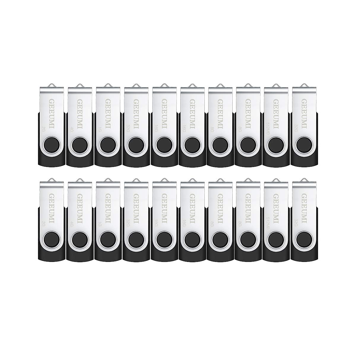 Flash Drive 2GB USB 2.0,20 Pack Swivel Memory Stick GEEUMI Bulk Thumb Drive,Pen Drives Jump Drive for Data Storage, File Backup(20 Pack,Black)