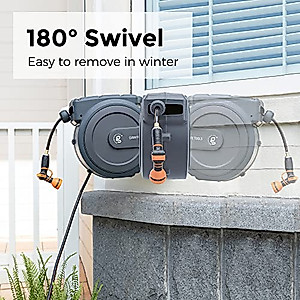 Giraffe Tools AW405/8MB Retractable Hose Reel 5/8 inch x 90 ft PRO Metal Bracket Wall Mounted Garden Hose Reel Heavy Duty with Automatic Rewind, 90ft, Dark Grey