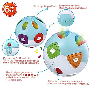 LotFancy Baby Musical Toy, Interactive Crawling Baby Ball Toy with Flashlight and Melody Sounds, Joyful Baby Rattle Toys for Kids, Newborn Baby First, Battery Included