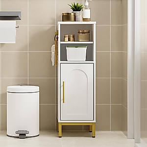 Hzuaneri Bathroom Storage Cabinet, Corner Floor Cabinet with Door & Shelves, 2Hooks, Small Narrow Storage Organizer, Toilet Paper Cabinet for Small Space, White