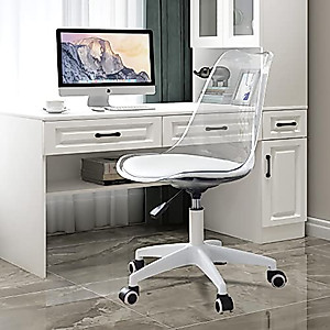 Acrylic Clear Desk Chair Rolling Office Chair with Cushion Armless Swivel Vanity Chairs Plastic Adjustable Height Home Office Desk Chairs with Wheels Modern Ghost Chair for Adult,(White)