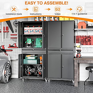 ZAOUS Metal Storage Cabinet, Heavy Duty Garage Cabinet on Wheels, 72'' Tall Storage Cabinets Tool Cabinet with Doors and Shelves for Home Office Utility Room, Black