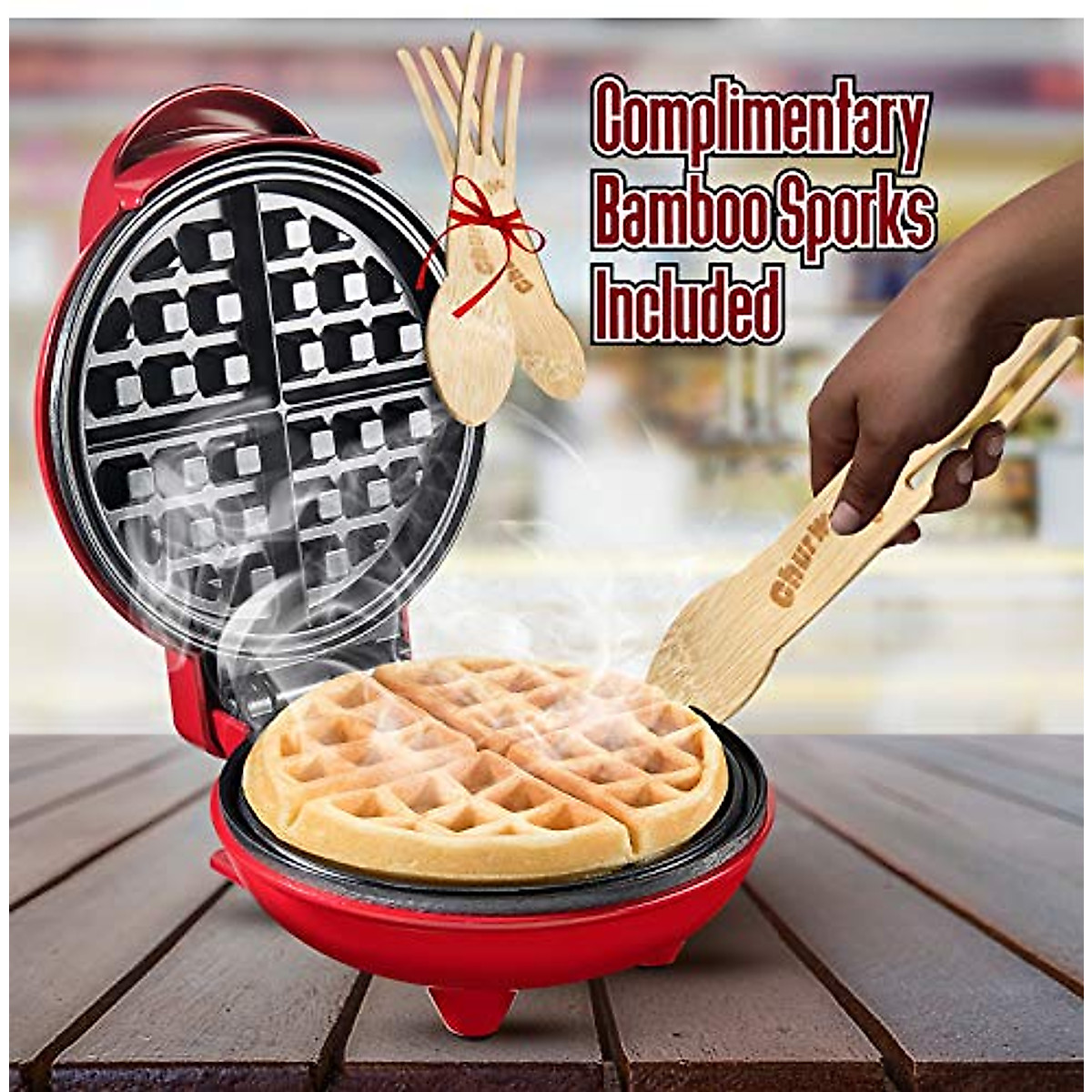 Burgess Brothers Mini Waffle Maker | Portable Electric Non-Stick Waffle Iron | Belgian Waffle Maker Makes 4 Inch Waffles | Includes Bamboo Sporks