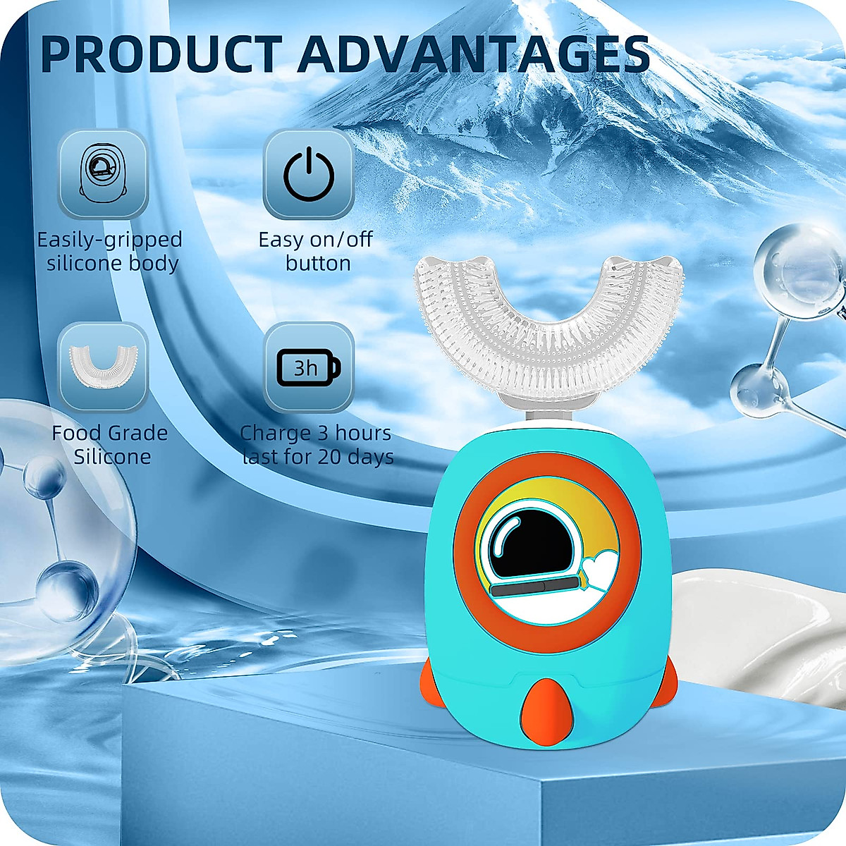 AUITRONCARE Ultrasonic Kids U Shaped Electric Toothbrush, Rechargeable Toddler toothbrushes with 4 Brush Heads, Smart Timer IPX7 Waterproof (Ages 2-12) (Hollow-Blue)