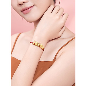 ZHOU LIU FU Real Gold Charm Bracelets for Women, Adjustable 5 Lucky Rabbit 24K Solid Gold Jewelry Braided Red Bracelet, Fortune Rabbit Charm Bracelets Lucky Bunny Pure Gold Bangle Bracelets