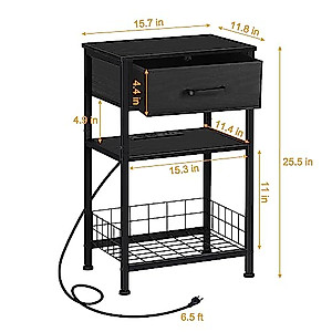 Black Night Stand with Charging Station, Small Bedside Tables with Storage Shelf for Small Spaces, Industrial End Table with Fabric Drawer for Living Room, Bedroom, Office