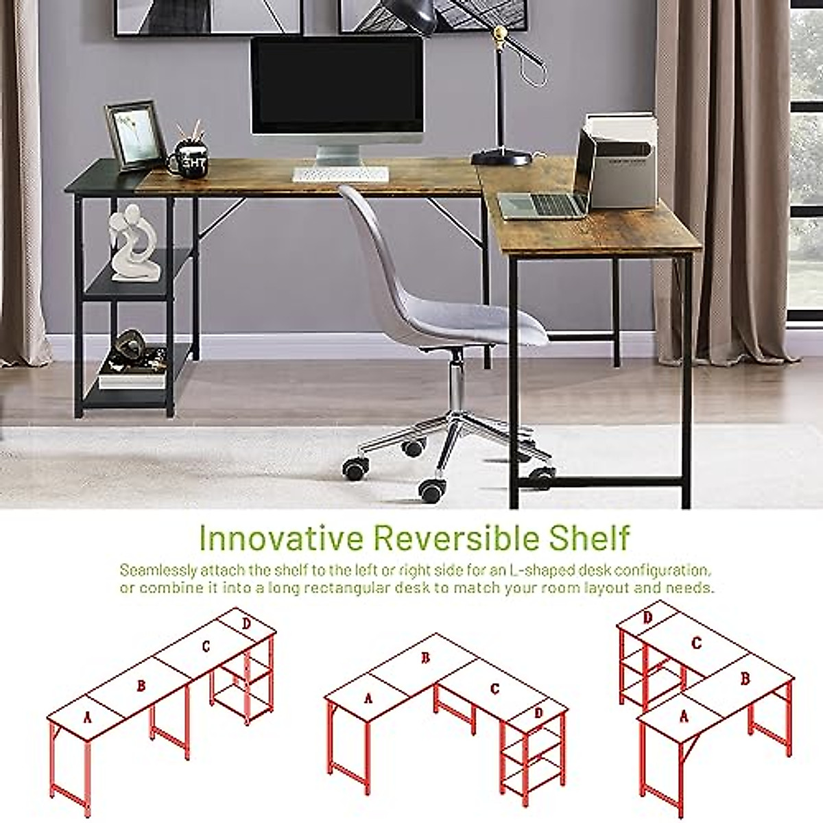 FurnitureR L-Shaped Home Office Computer Desk 66 inches Large Study Writing Student Laptop PC Gaming Corner Table with Shelves for Apartment Dormity Small Spaces, Brown