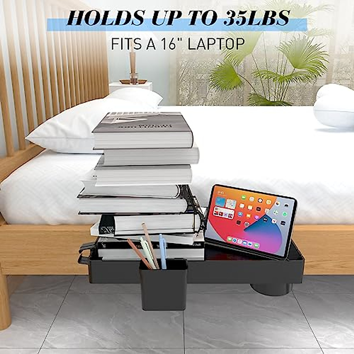 Ronlap Folding Bedside Shelf, Bunk Bed Shelf Organizer for Top Bunk Clip On Nightstand for College Dorm Loft Bed Plastic Bedside Shelf Tray for Kids with Cupholder Hooks Hanging Cup, Plus Size, Black