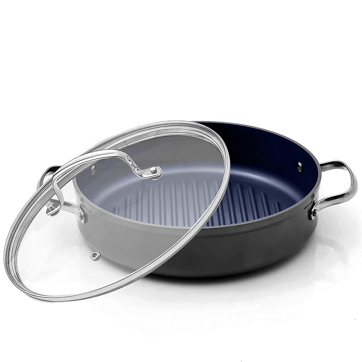 Nuwave 3Qt Skillet Forged Grill Pan, Tempered Glass Lid, G10 Healthy Duralon Blue Ceramic Ultra Non-Stick Coating, Oven & Dishwasher-Safe, Induction & Stove, Evenly Heats & Durable, Gray, PFAS Free