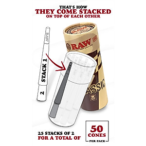 RAW Cones Classic King Size - 50 Pack - Slow Burning Pre Rolled Cones with Tips & Packing Tubes Included