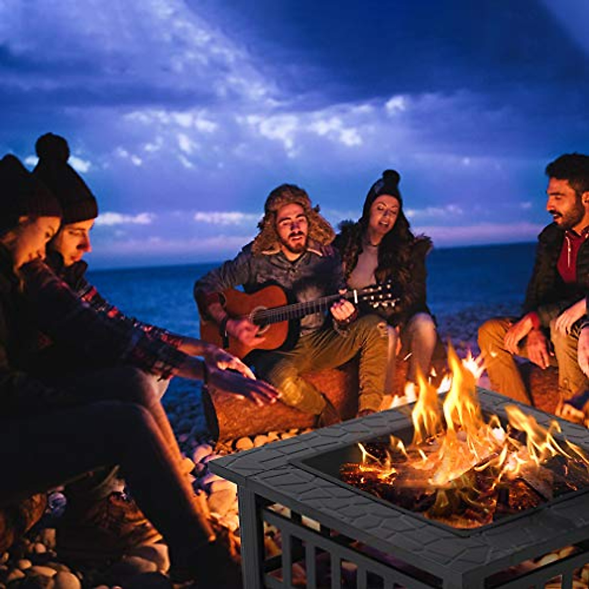 Vnewone 32'' Outdoor Fire Pit Metal Square Firepit Patio Stove Wood Burning for Backyard Garden Camping Picnic Bonfire with Spark Screen Cover, Log Grate, Poker,32" L32 W 14”, Black