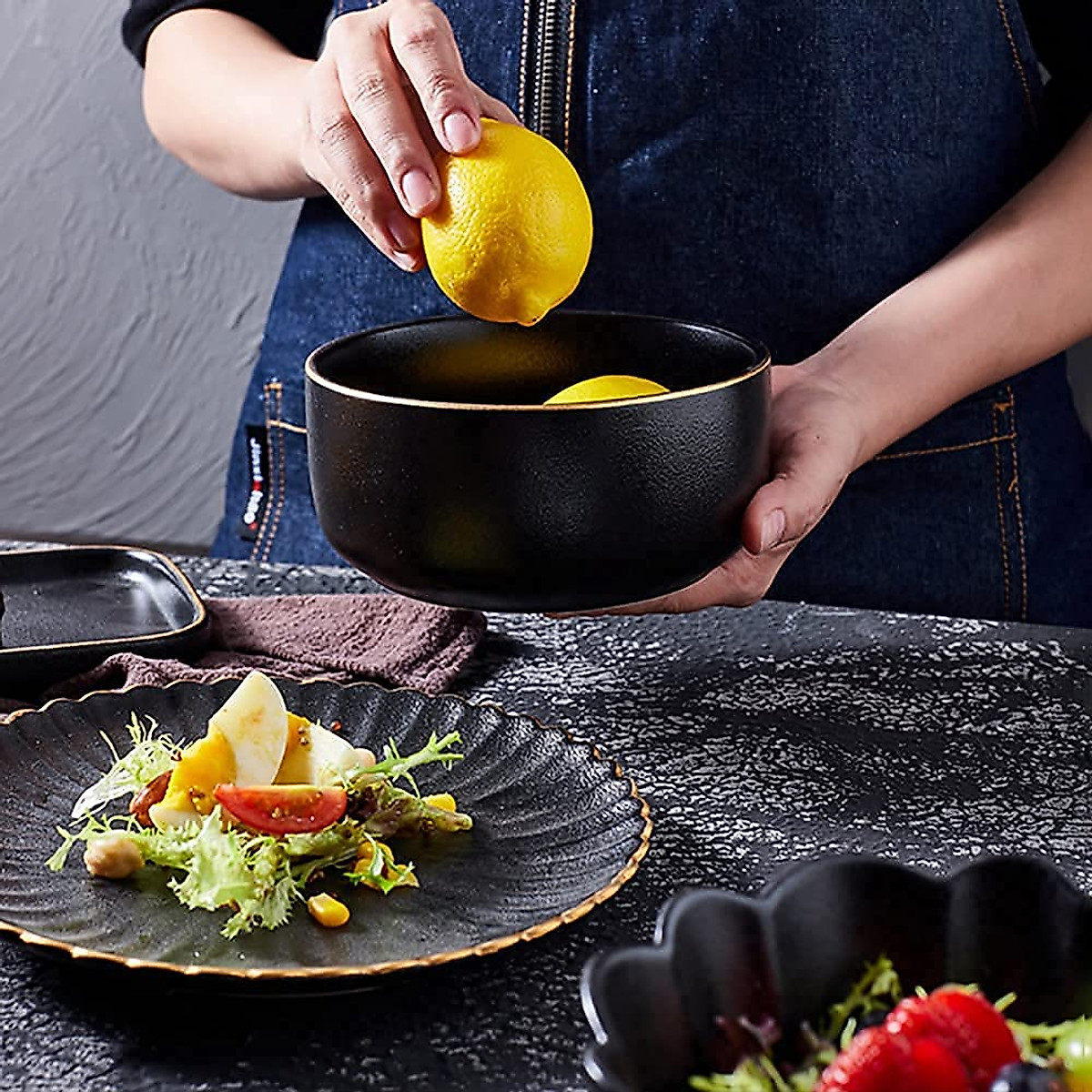 GagalU Porcelain Plate and Bowl Set,Kitchen Tableware Set,Ceramic Dinnerware Set, 15 Pcs Matte Black Retro Plates and Bowls Set- Irregular Edge Dinner Sets, Service for 4