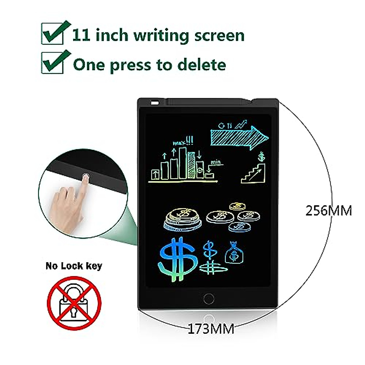 JONZOO LCD Writing Tablet 11 inch, Erasable Writing Drawing Board Doodle Pads with Magnets, Electronic Drawing Tablet Writing Board for Kids Adults at Home School Office (Black)