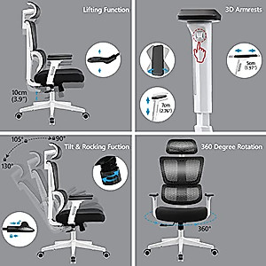 Primy Ergonomic Mesh Office Chair - High Back Computer Chair with Adjustable Lumbar Support and 360 Degree Swivel (White)