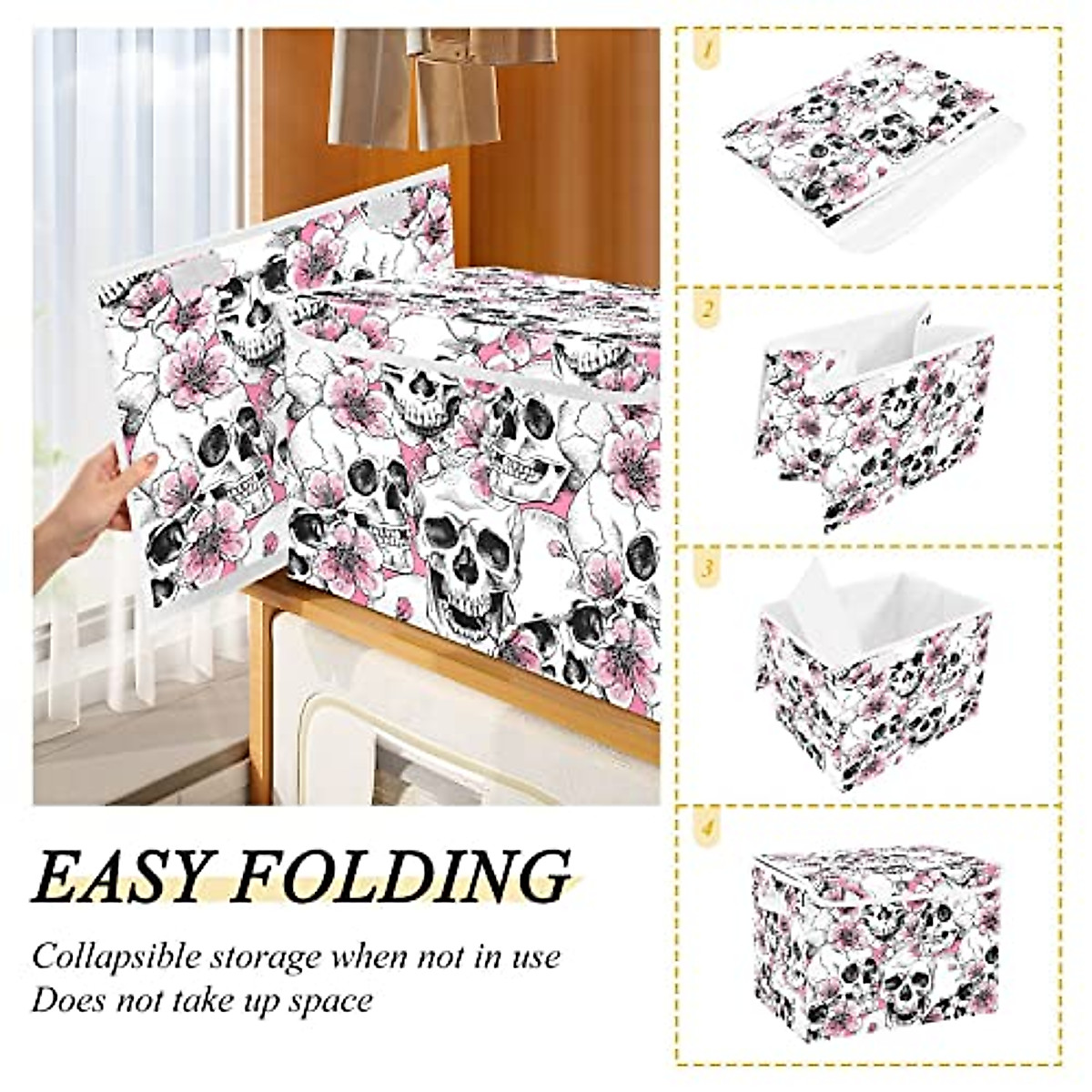 CaTaKu Skull Pink Cherry Storage Bins with Lids and Handles, Fabric Large Storage Container Cube Basket with Lid Decorative Storage Boxes for Organizing Clothes