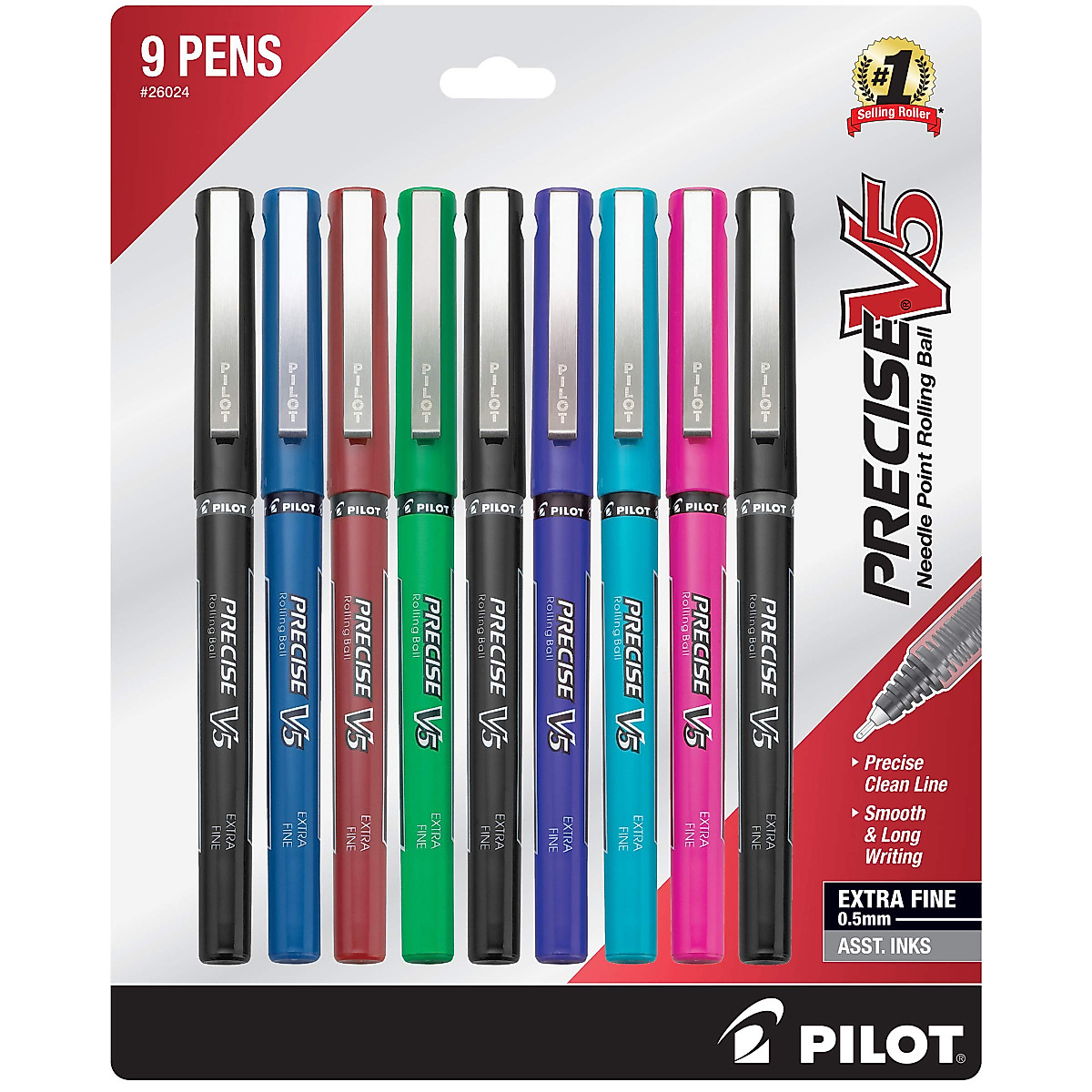 PILOT Precise V5 Stick Liquid Ink Rolling Ball Stick Pens, Extra Fine Point (0.5mm) Assorted Ink Colors, 9-Pack (26024)