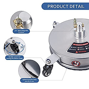Biswing 14" Pressure Washer Surface Cleaner with 4 Wheels, Stainless Steel Power Washer Accessory for Driveways Sidewalks Patios Cleaning, 1/4" Quick Connector, 2 Extension Wand Attachments, 4000 PSI