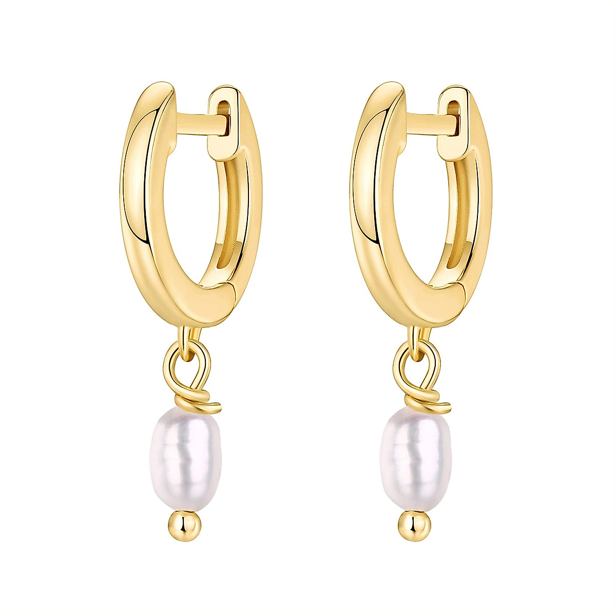 PAVOI 14K Gold Plated 925 Sterling Silver Post Huggie With Dangle | Small Gold Hinged Hoop Earrings For Women | Trendy Hoop CZ Huggie Earrings (Pearl, Yellow)