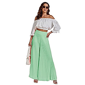 LYANER Women's Elastic High Waisted Wide Leg Palazzo Pants Loose Casual Pleated Trousers Green X-Large