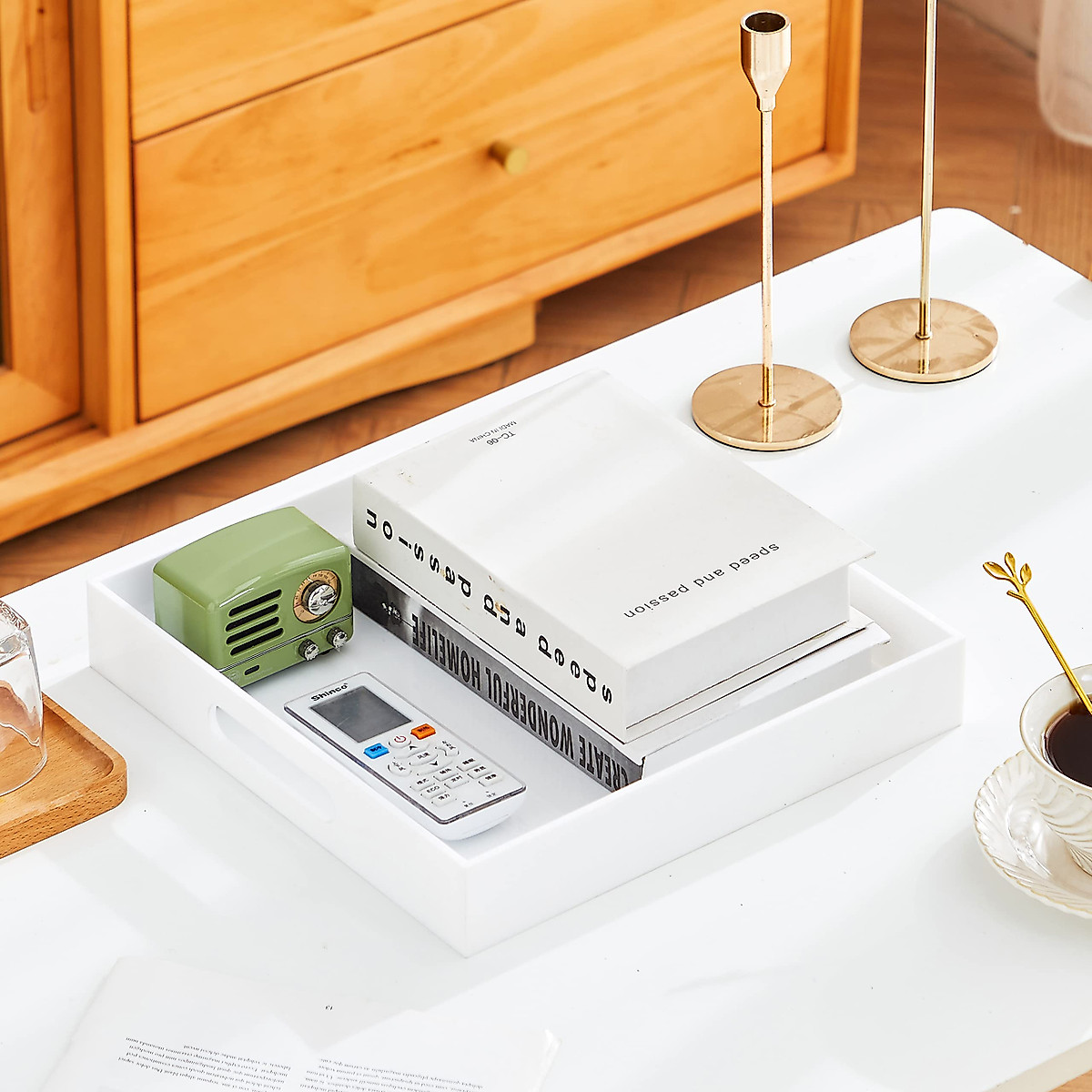 MUKEEN Glossy White Acrylic Serving Tray with Handles, 12x12x2H Inches - Spill Proof, Decorative Trays for Countertop, Ottoman Coffee Table, Nightstand, Breakfast, Tea, Food