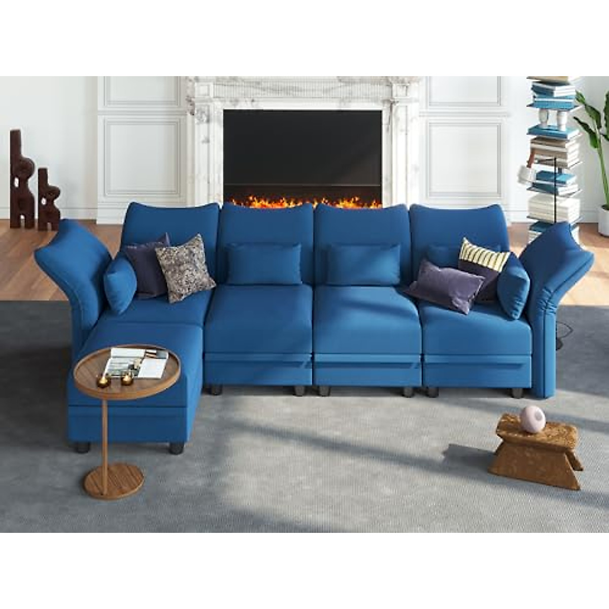 LLappuil Velvet Modular Sectional Sofa L Shaped Corner Couch with Storage, 127.8" 5-Seater Modern Sofa with Chaise, High Back Recliner Sleeper Couches, Anti-Scratch Blue