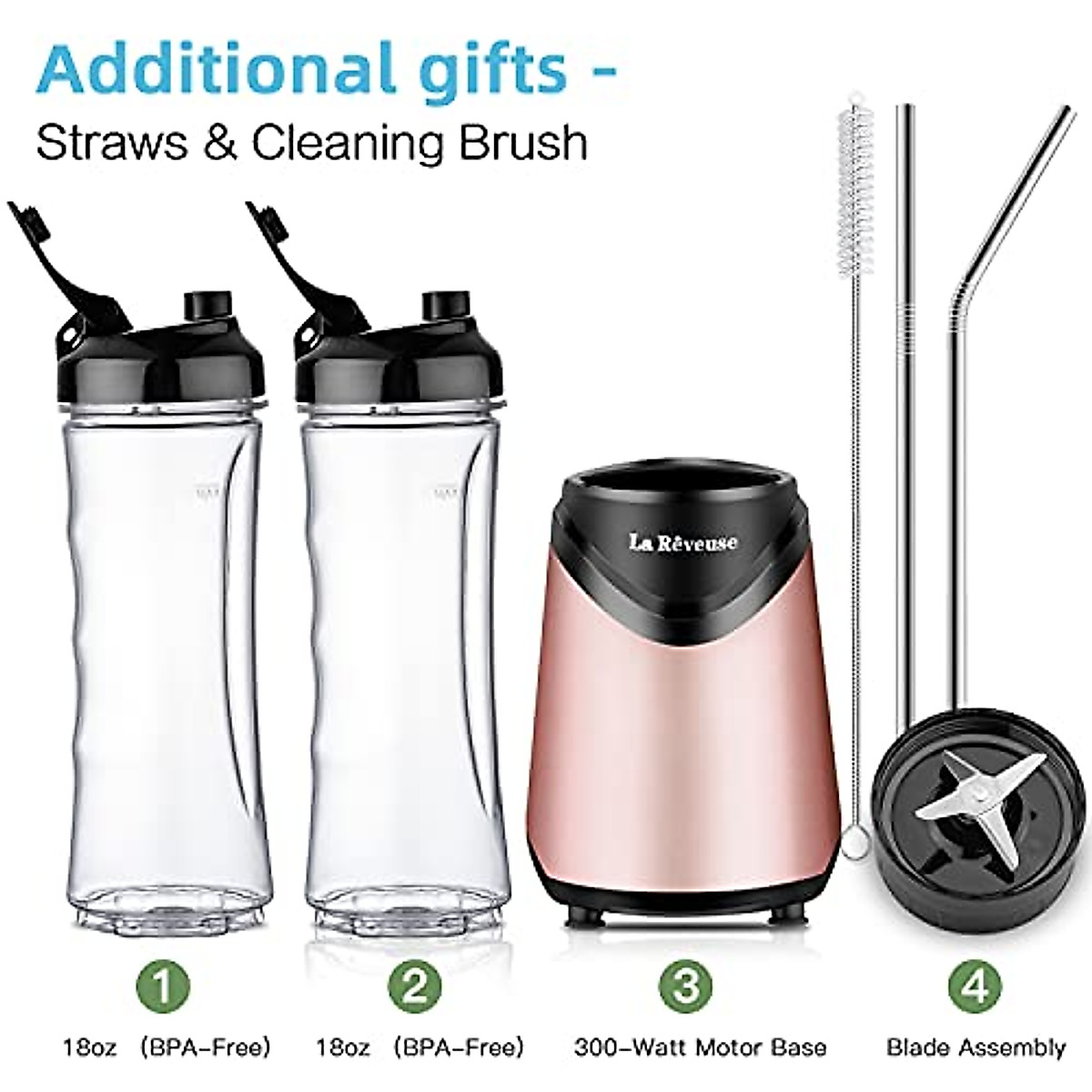 La Reveuse Smoothie Blender Personal Size 300 Watts with 2 Pieces 18 oz BPA-free Travel Sports Bottles,Grey (Pink)