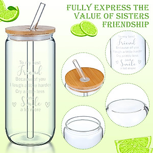 Roshtia 2 Set Friend Gifts for Women Girls Friendship Birthday Sister Gift Glass Cups with Lids and Straw 16 oz Can Shaped Drinking Glasses with Friend Keychains Thank You Gifts for Her BFF