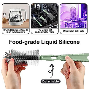 7 in 1 Bottle Brush Set-Travel Brush Cleaner Kit with Extendable Silicone Bottle Brush,Drying Rack,Nipple Brush,Straw Brush,Soap Dispenser & Storage Box,Baby Travel Essential for Moms (Green)