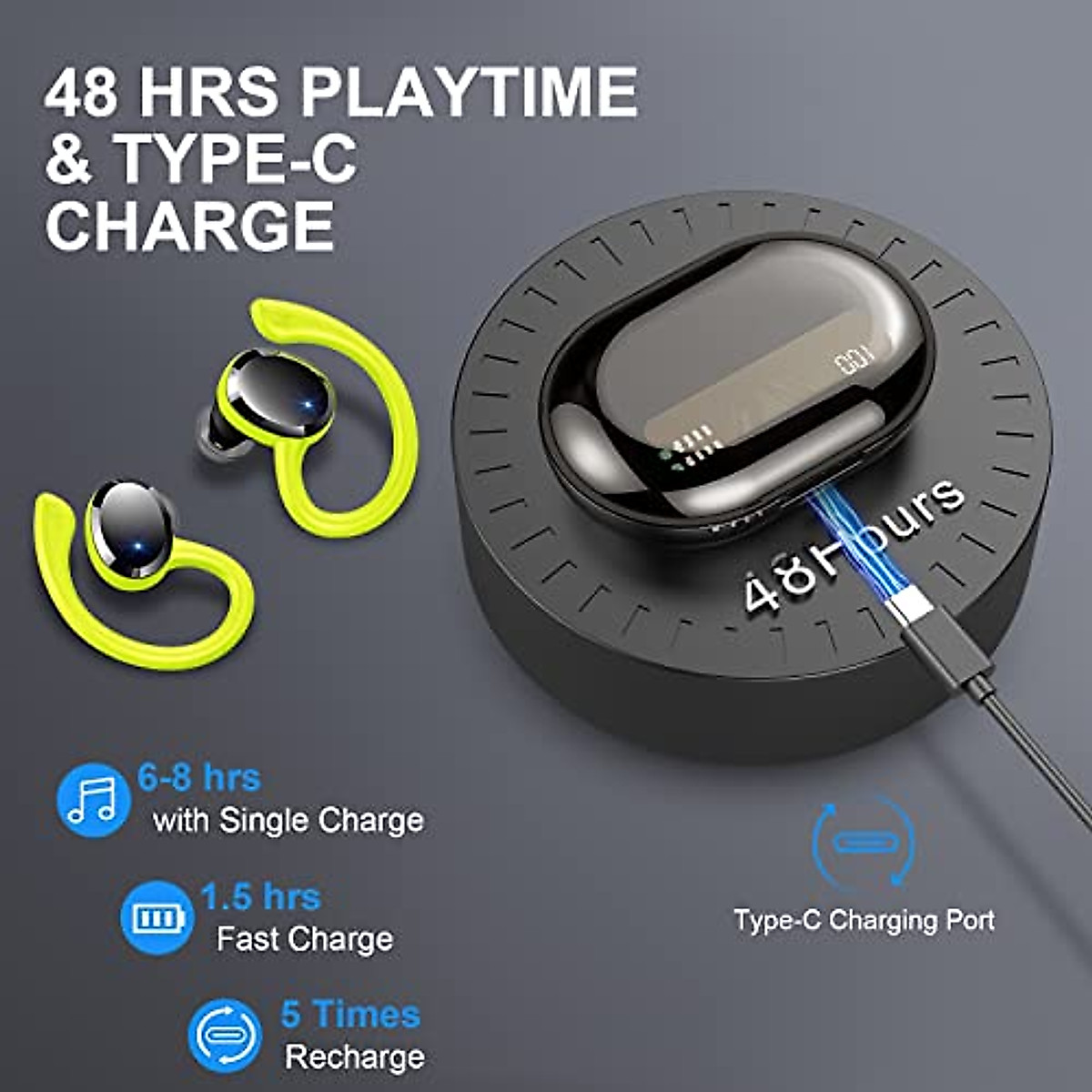 Wireless Earbud, Sport Bluetooth 5.3 Headphones with Earhooks Bluetooth Earbud in-Ear with Immersive Sound, Wireless Earphones IP7 Waterproof, Dual LED Display, 48H Playtime, Noise Cancelling, Running