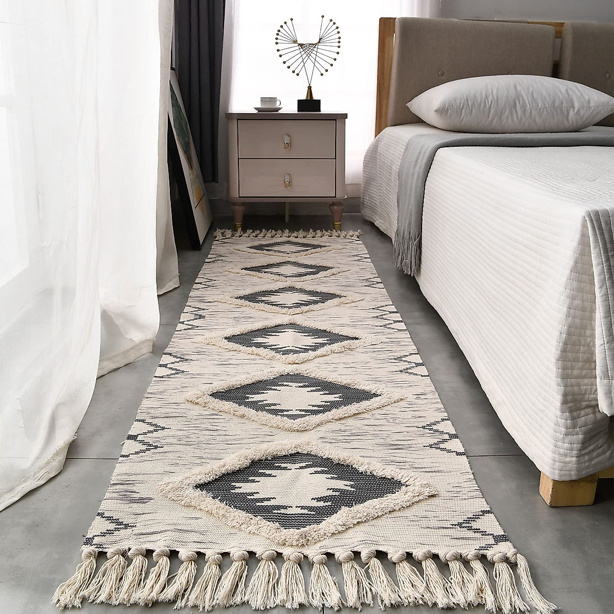 Boho Runner Rug 2'x6', Washable Hallway Farmhouse Area Rug, Kitchen Floor Mat with Tassels, Tufted Cotton Woven Entryway Carpet, Grey