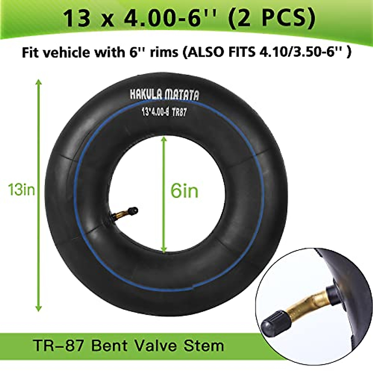HAKULA MATATA 4.00-6'', 4.10/3.50-6'' Durable 13'' Replacement Inner Tube with TR-87 Bent Valve Stem, Heavy Duty Inner Tire Wheel for Wheelbarrows, Mowers, Hand Trucks and More, 2Packs, Black