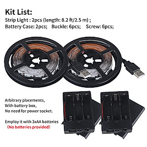 NEWREACH USB LED Light Strip White with Battery Box (Batteries Not Included), 16.4ft Daylight Under Cabinet Strip Lights Cuttable for Bedroom, Mirror, Party, Camping, Christmas, 8.2ft x 2