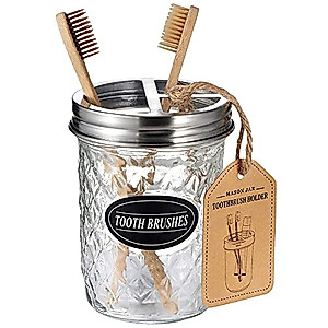 Amolliar 4PCS & 2pcs Brushed Nickel Mason Jar Bathroom Accessories Set-3 pcs Lotion Soap Dispenser & 2 pcs Cotton Swab Holder &1pcs Toothbrush Holder,Waterproof Stickers,Rustic Farmhouse Decor