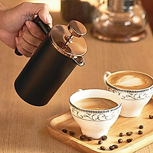 Meelio Black French Press Coffee Maker 12oz, Stainless Steel Double Wall Insulated Coffee Press with Rose Gold Metal Lid, Included 2 Extra Screens and 1 Coffee Spoon, 350ml