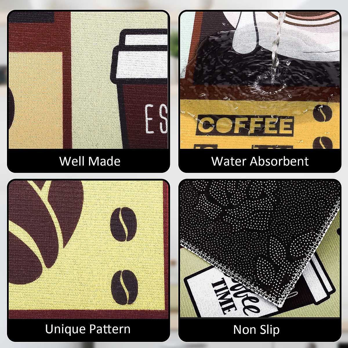 3 Pcs Kitchen Rug Set Non Skid Thick Black Kitchen Rugs and Mats Stain Resistant Anti Fatigue Mats for Kitchen Microfiber Floor Non Slip Backing Mat, 15.7 x 47.2, 15.7 x 23.6 (Coffee Style)