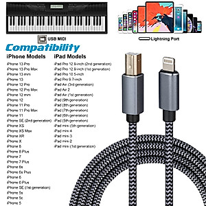 WORLDBOYU Lightning to MIDI Cable USB OTG Type B Cable for Select iPhone, iPad Models for Midi Controller, Electronic Music Instrument, Midi Keyboard, Recording Audio Interface (6FT)