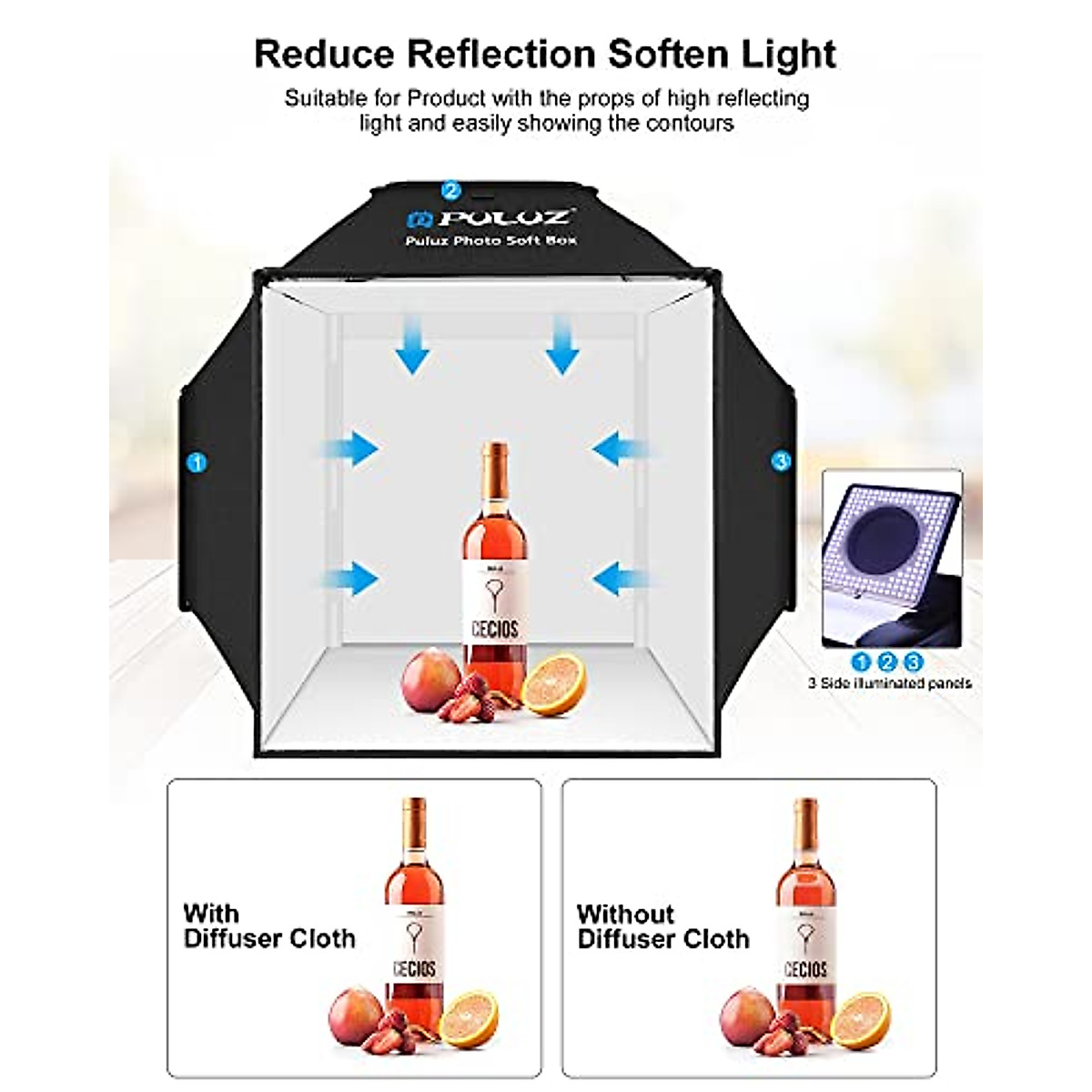 PULUZ Portable Photo Studio Light Box, 16"x16" Professional Dimmable Shooting Tent Kit Soft Box with 480pcs LEDs Lights 4 Backdrops for Jewelry and Small Product Photography Props Upgrade 16 inch