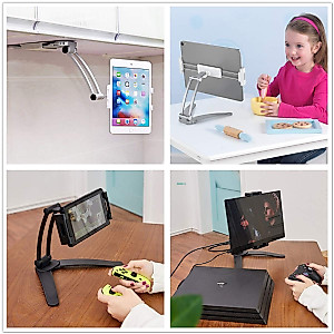 AYADA Kitchen Cabinet Tablet Holder, 2 in 1 Wall Mount Desktop Stand for ipad 12.9 Aluminum Alloy Metal Adjustable Multiangle Foldable Universal Phone Tablet Bracket Cooking Table Counter Top (Silver)