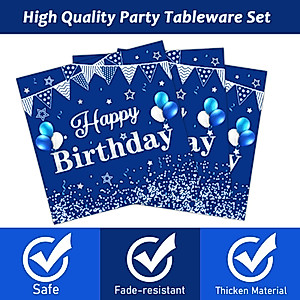 Tevxj Birthday Party Tableware Set, 96PCS Navy Blue and Silver, Disposable Plates, Napkins, Forks for 24 Guests, Place Setting for Men and Boys