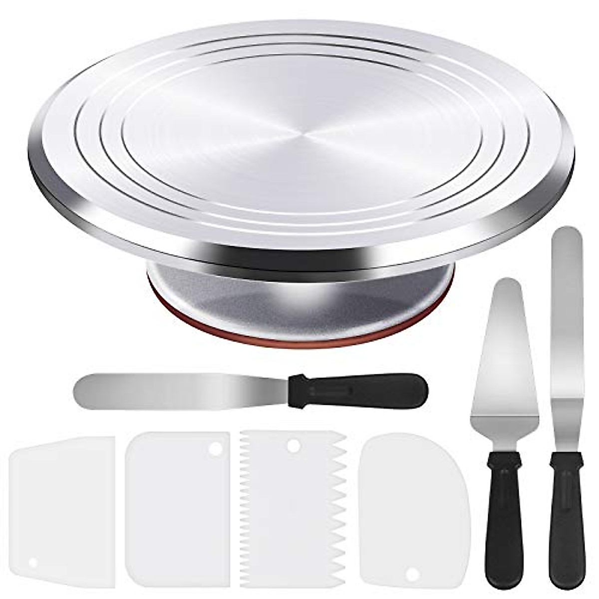 Puroma 8-in-1 Aluminium Alloy Rotating Cake Turntable 12'' Revolving Cake Decorating Stand with 3 Angled Icing Spatula, 3 Icing Comb for Pastries, Cupcakes and Cake Decorations