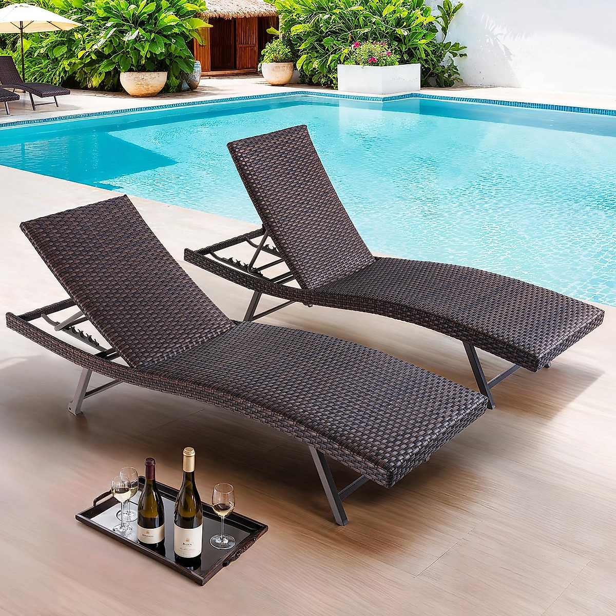 Outdoor Chaise Lounge Chair Set of 2, PE Wicker Lounge Chairs for Outside with Quick Drying Sponge Cushion, Rattan Reclining Chair with Adjustable Backrest Movable Beach Pool Sunbathing Recliner Chair