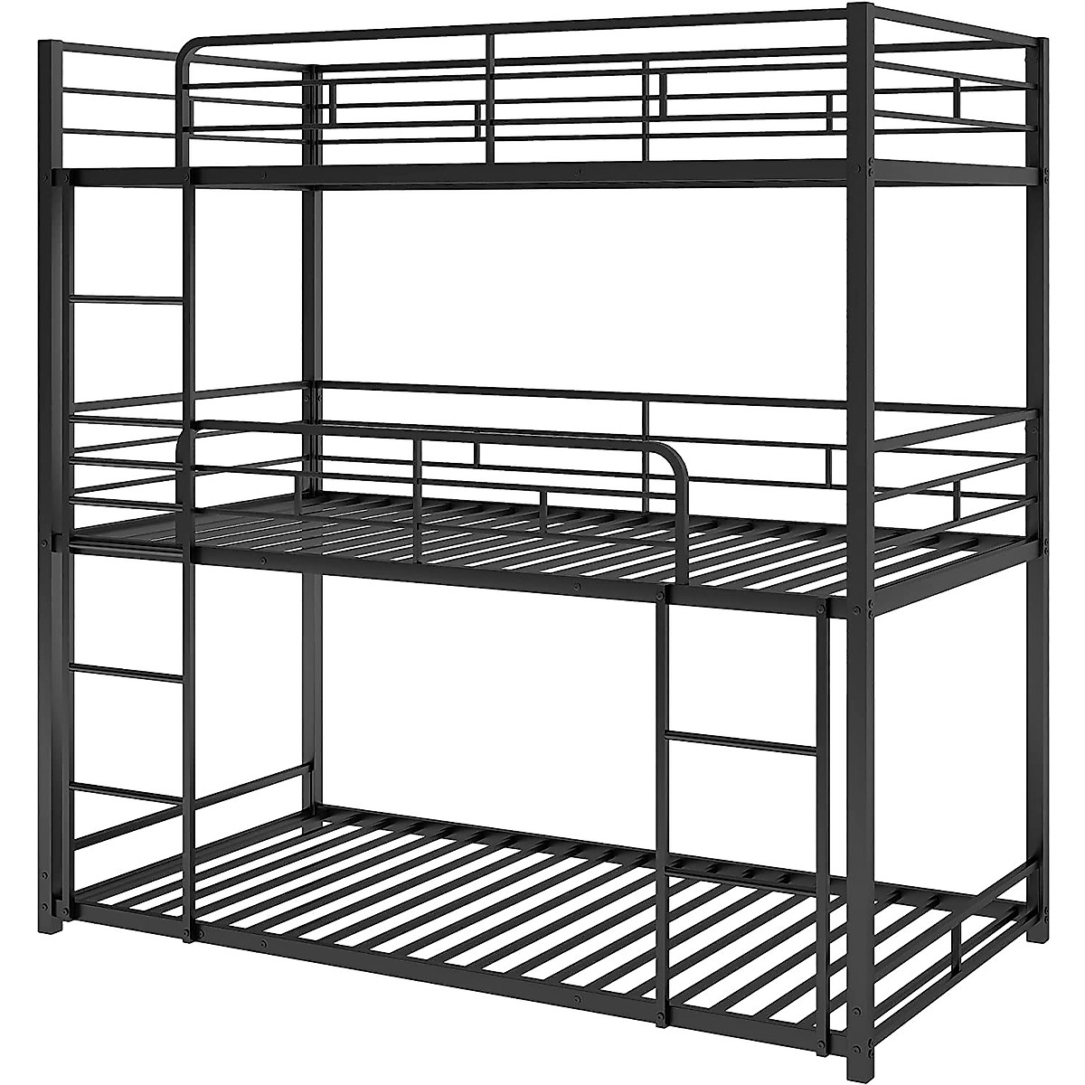 DNYN Twin Triple Bunk Bed with Built-in Ladder,Twin-Over-Twin-Over-Twin Size Metal Bunkbeds w/Safety Guardrails for Kids/Teen/Adults Bedroom,Home Furniture for Dorm,Guest Room, Black
