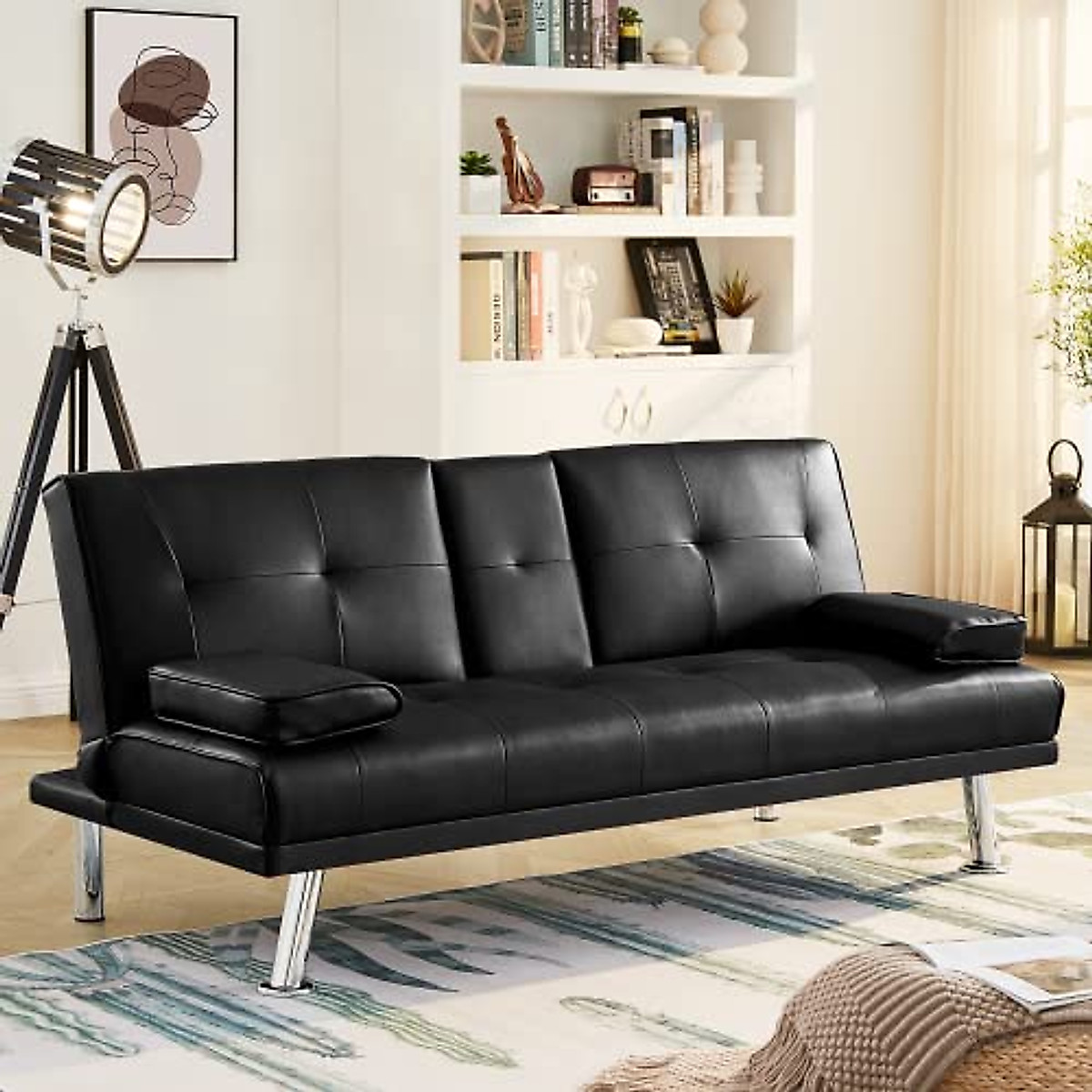 Lamerge Sofa Bed with 2 Cup Holders,PU Leather Convertible Upholstered Folding Sofa,67" L Multi-Functional Futon Sofa Couch for Small Space, Apartment,Dorm, Removable Armrest,Black