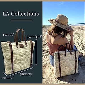 LA Collections Natural Straw and Leather Bag, Backpack, Tote, Adjustable Leather Straps, Perfect for Beach, Shopping, Market, Picnic, Music festival. Handcrafted by Moroccan artisans.