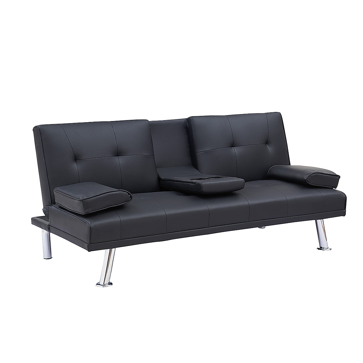 LIADTOP 67" Multifunctional Sofa 2 Cup Holders,Leather Loveseat Sleeper with Removable Armrests,Convertible Folding Couches Bed for Small Spaces,Black